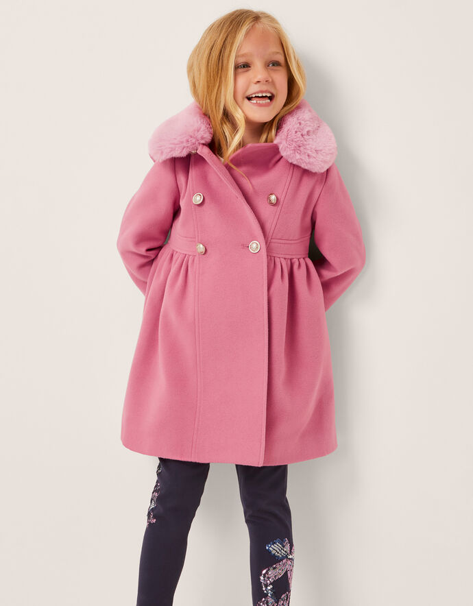 Natalia Faux Fur Collar Double-Breasted Coat Pink