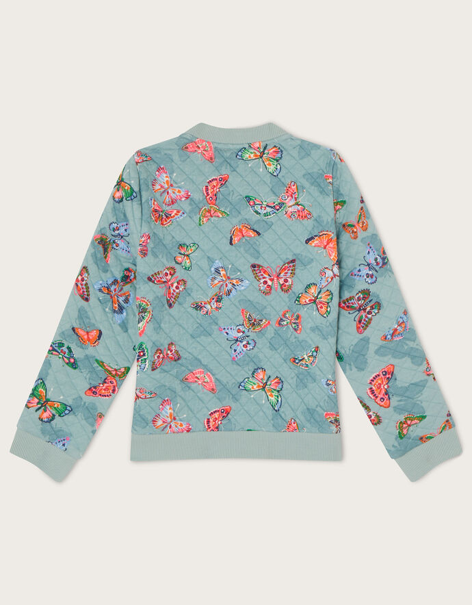 Butterfly Print Quilted Bomber Jacket Blue