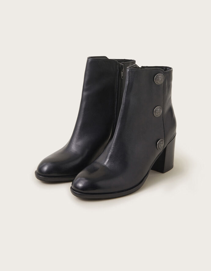 Leather Military Button Boots Black