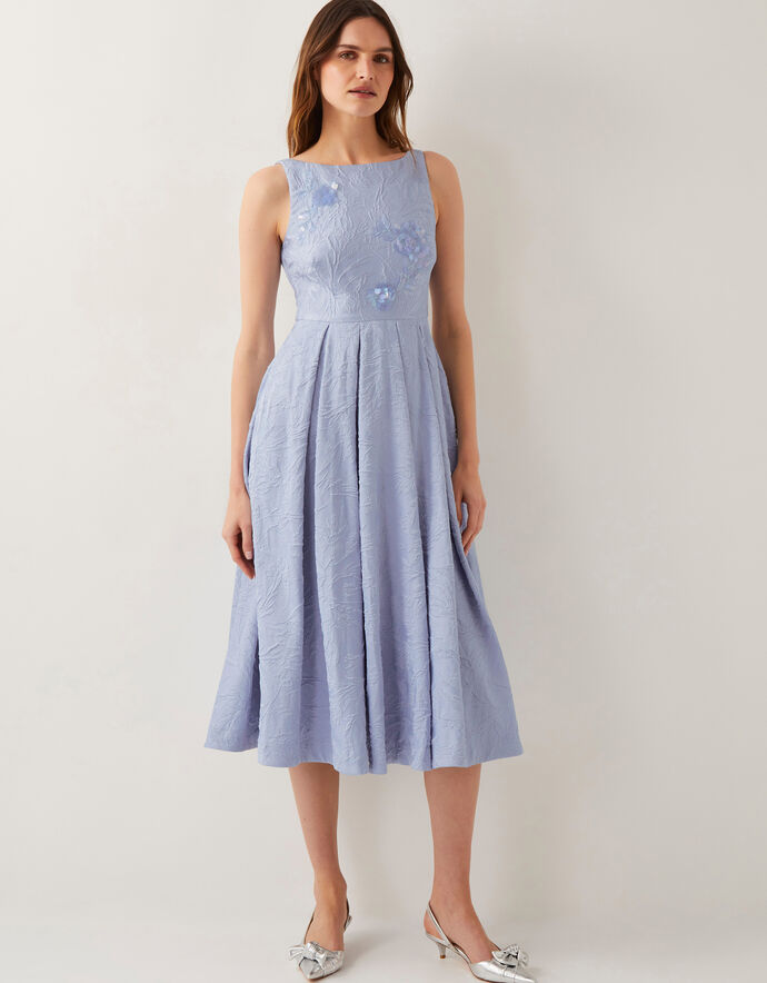 Fallon Hand-Beaded Jacquard Midi Dress Blue | Evening Dresses | Monsoon UK.