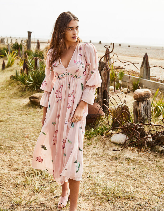 Hayley Embroidered Floral Tea Dress Pink