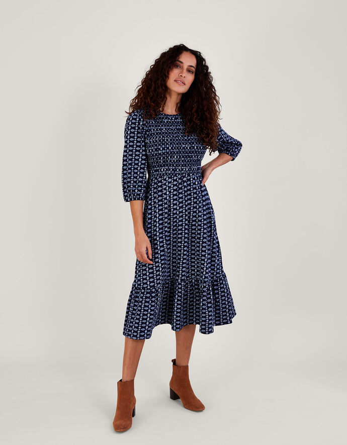 Geometric Print Tiered Shirred Jersey Dress Blue