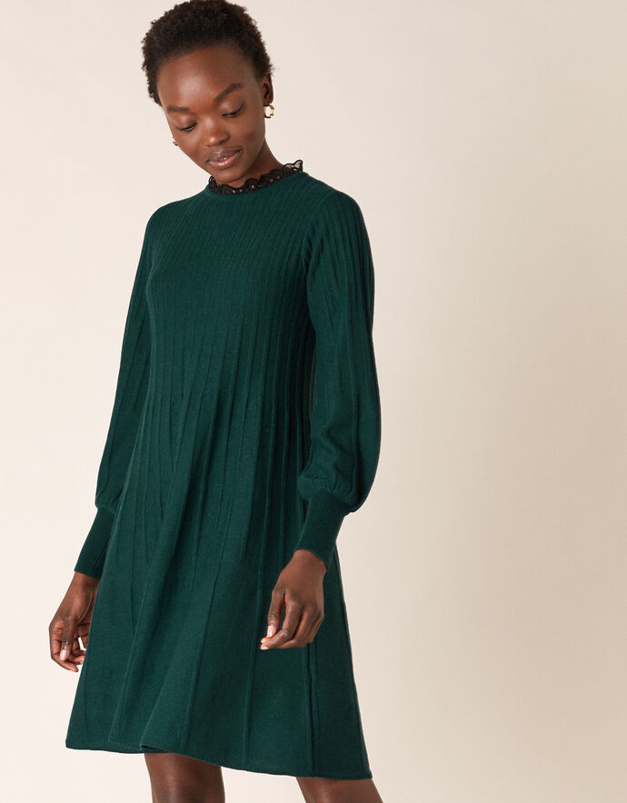 Woven Neckline Knit Dress Green