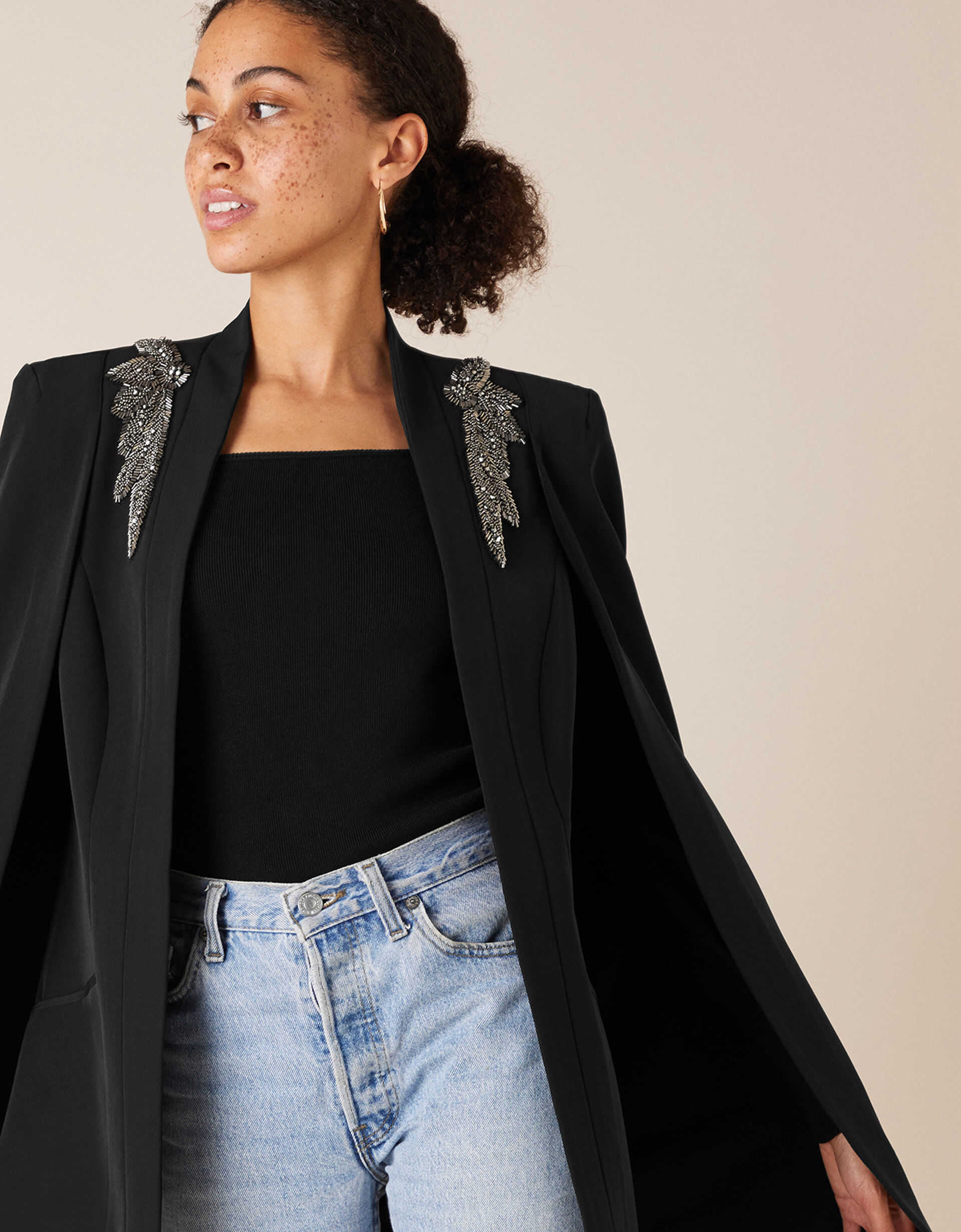 Constantina Beaded Brooch Cape Jacket Black | Women's Jackets | Monsoon UK.