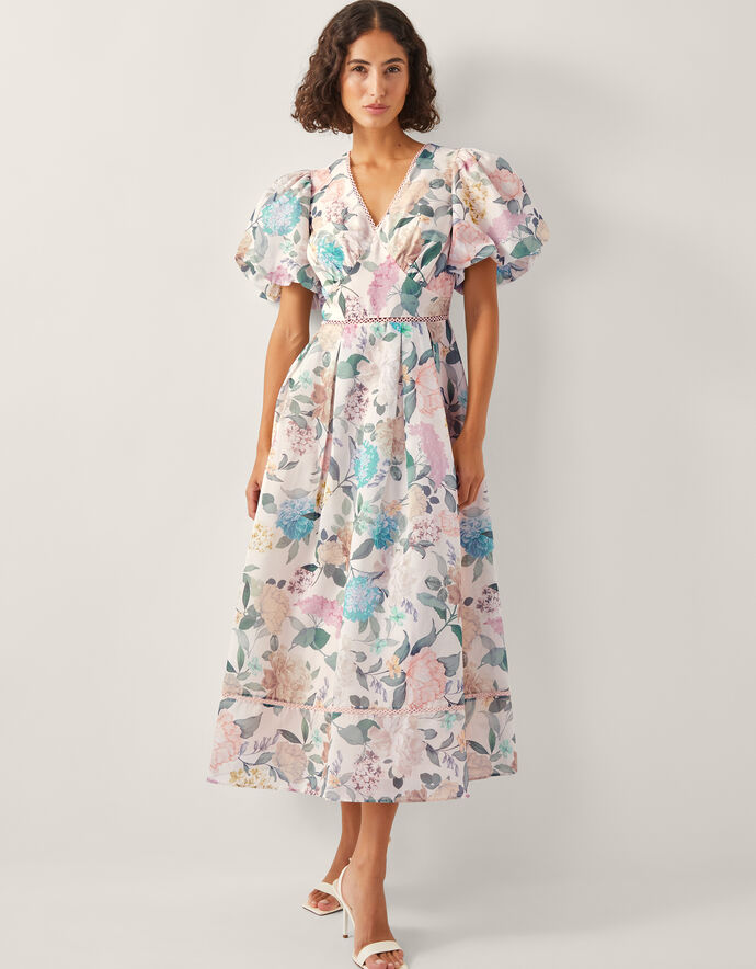 Agnes Floral Puff Sleeve Midi Dress Pink