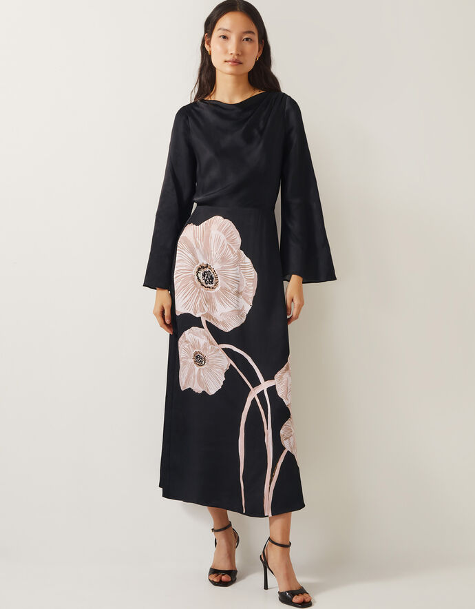 Molly Floral Print Satin Dress Black