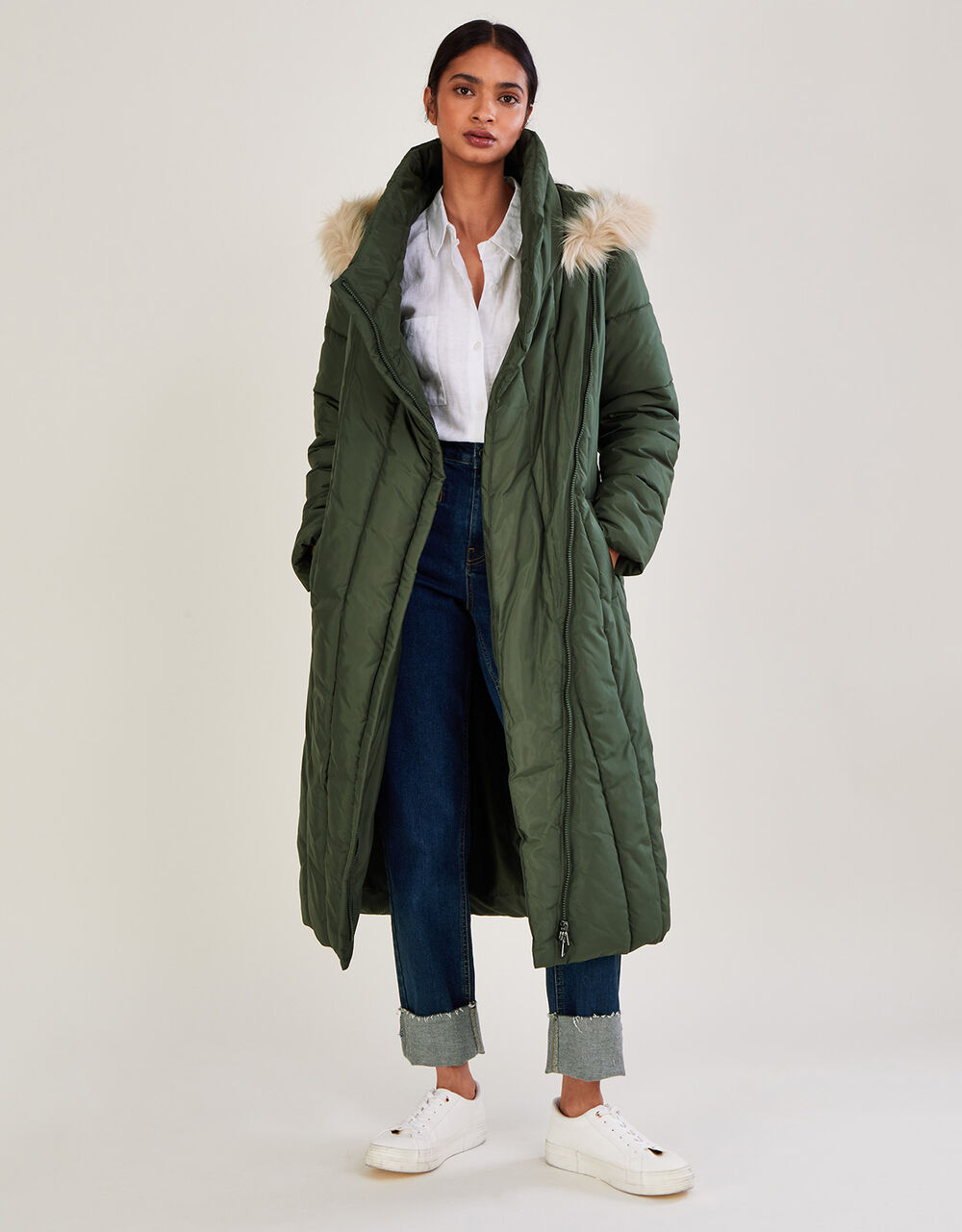 Vera Vertical Stitch Padded Coat with Recycled Polyester Green | Women ...