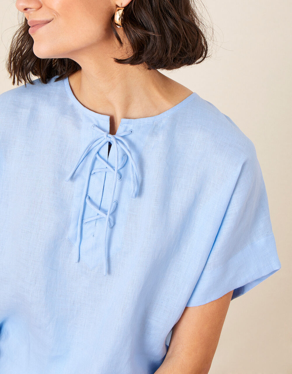 Tie Neck Top in Pure Linen Blue