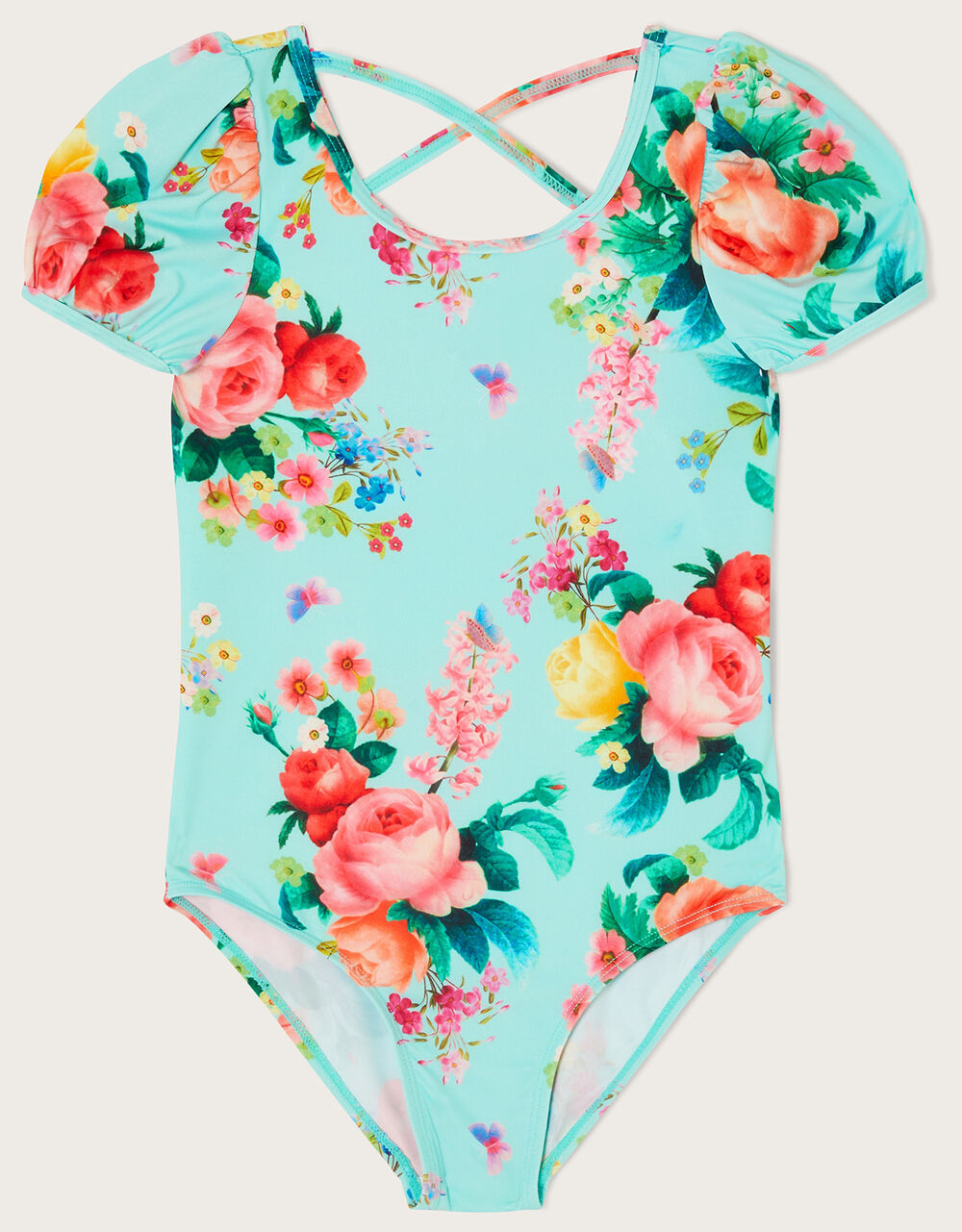 Floral Puff Sleeve Swimsuit Blue | Girls' Beach & Swimwear | Monsoon UK.