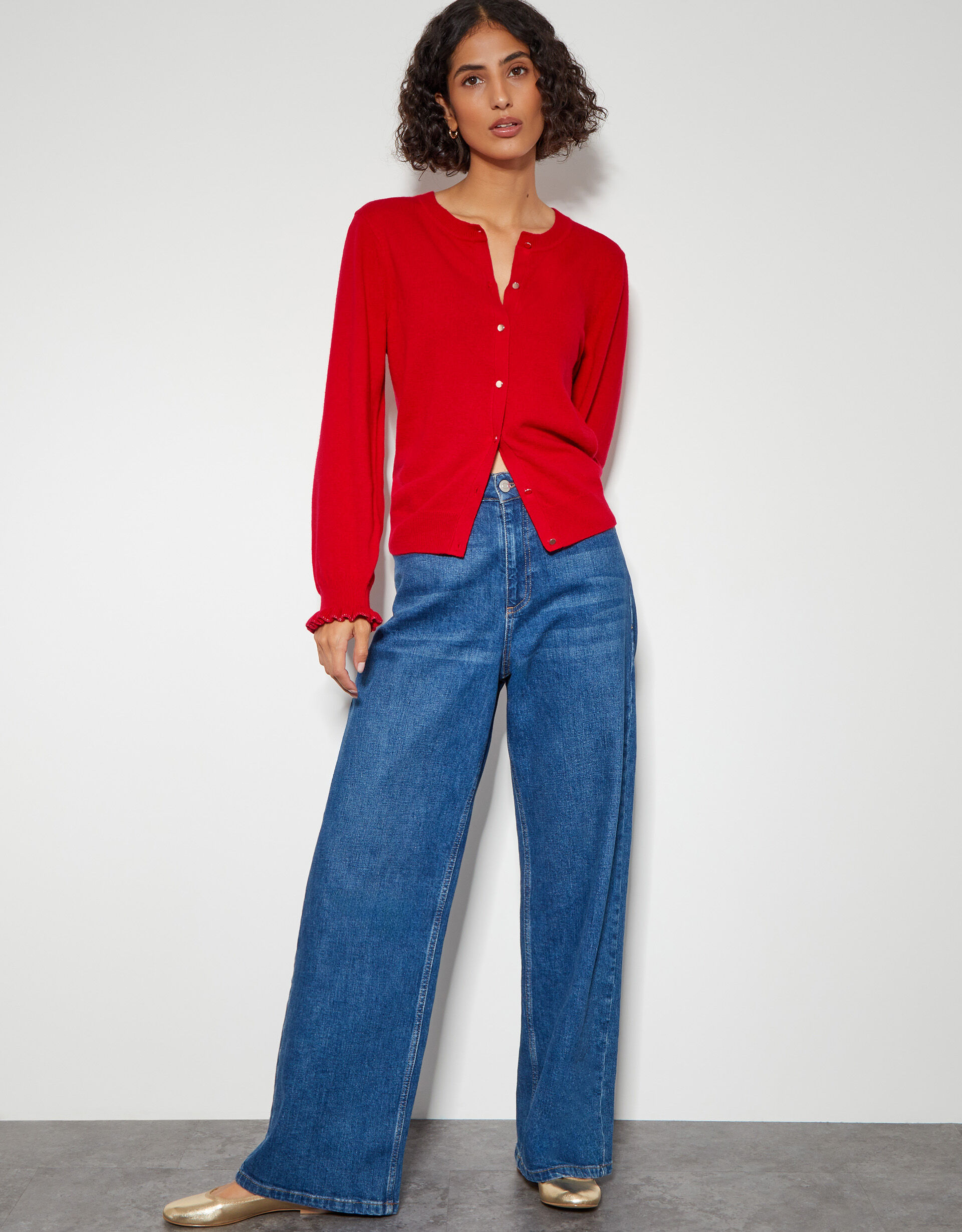 Cora Frill Crew Neck Cardigan Red | Cardigans | Monsoon UK.