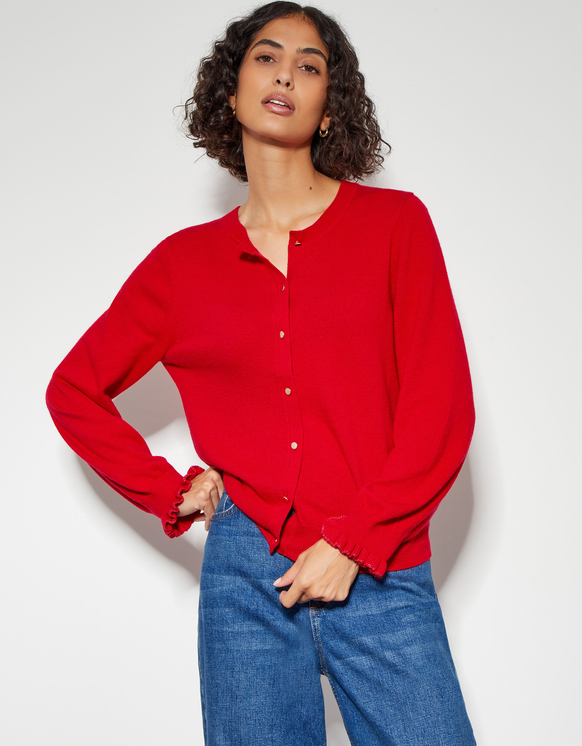 Cora Frill Crew Neck Cardigan Red | Cardigans | Monsoon UK.