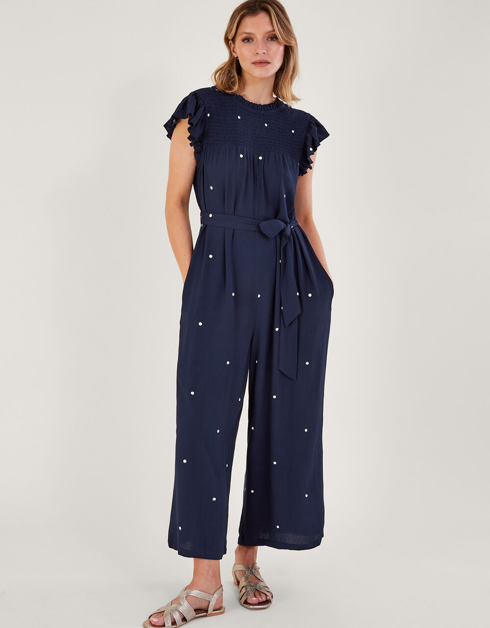 Embroidered Spot Jumpsuit Blue | Jumpsuits | Monsoon UK.