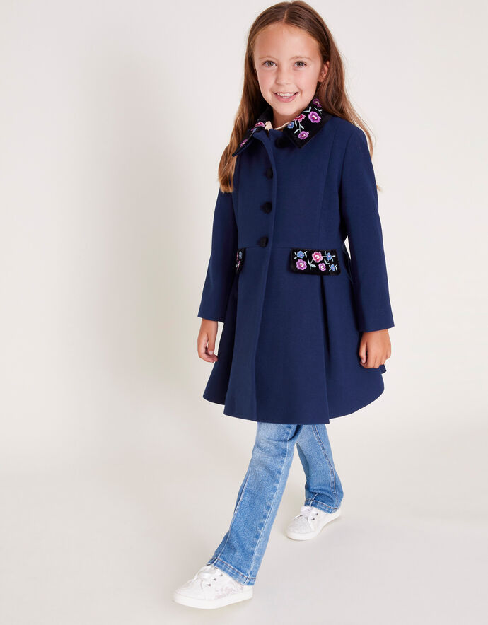 Floral Embroidered Dress Coat Blue | Girls' Coats & Jackets | Monsoon UK.