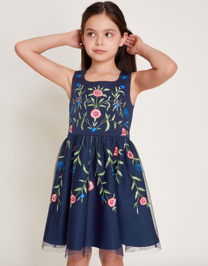 Floral Embroidered Scuba Dress Blue | Girls' Dresses | Monsoon UK.