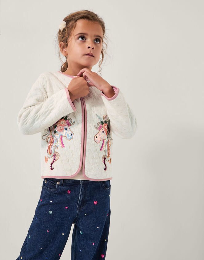 Unicorn Embellished Quilted Jacket Ivory | Girls' Coats & Jackets ...