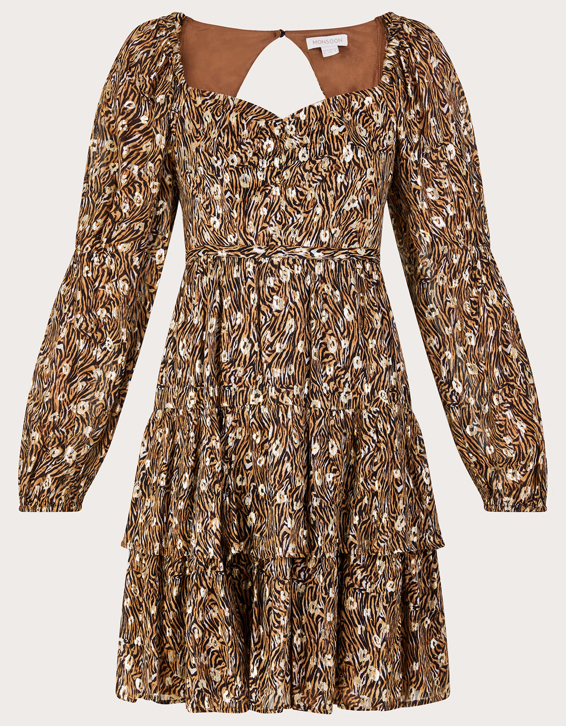 Zeta Animal Print Short Tiered Dress Camel