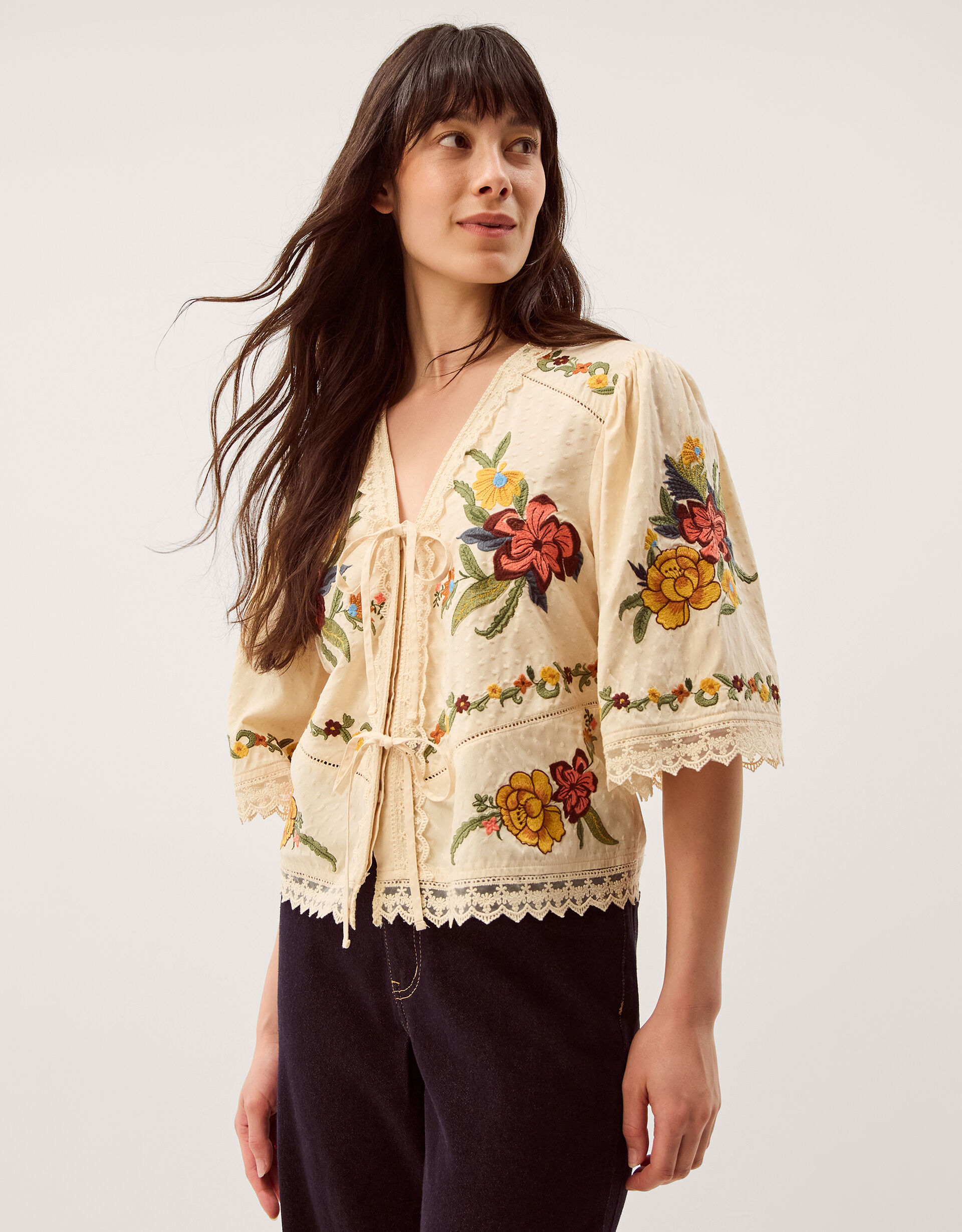 Yvette Floral Embroidered Lace Top Cream | Tops & T-shirts | Monsoon UK.