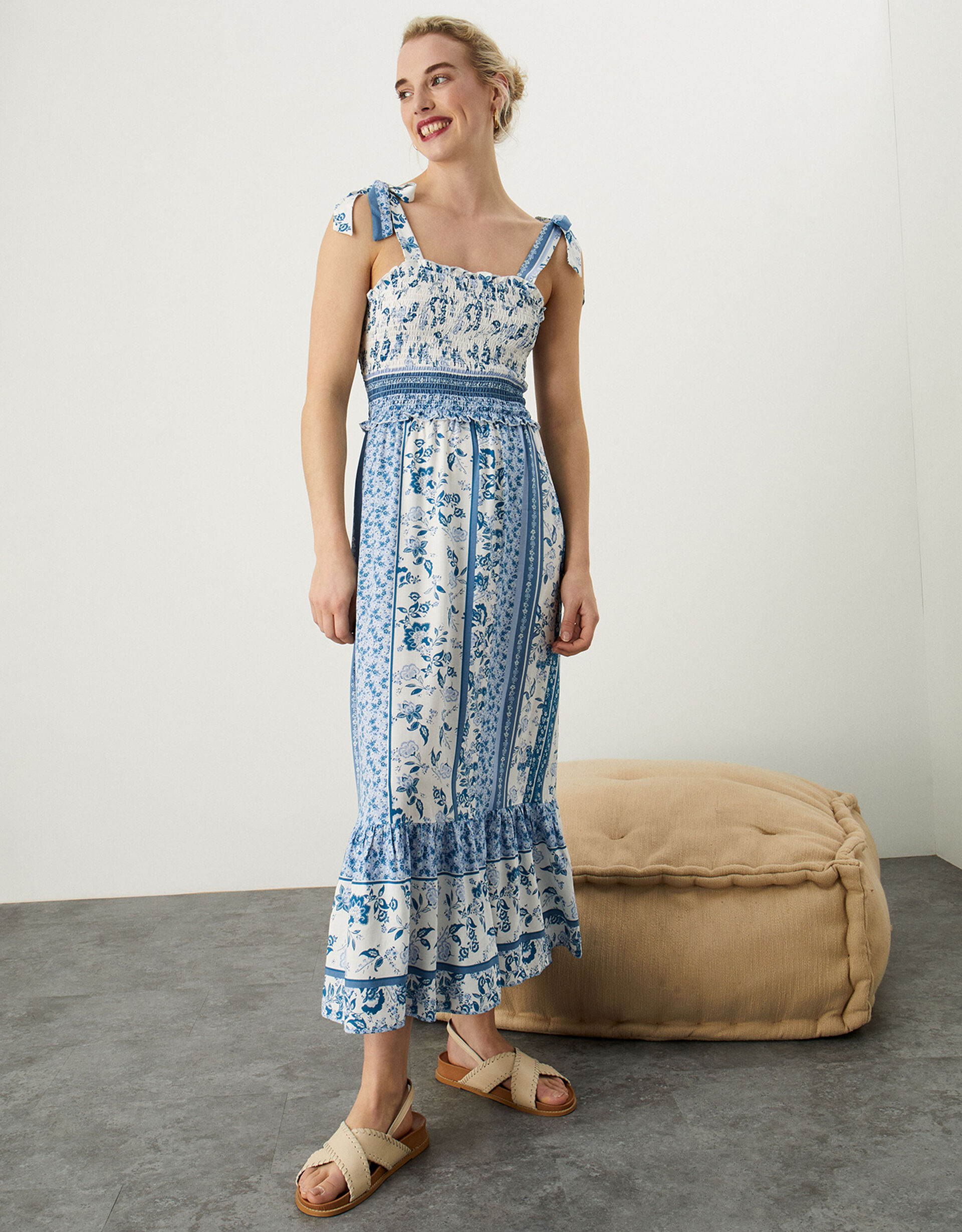 Strappy Floral Border Sundress in LENZING™ ECOVERO™ Blue