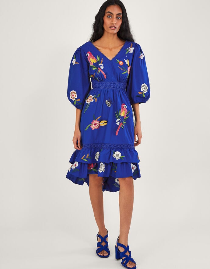 Ellie Embroidered Tiered Hem Dress Blue