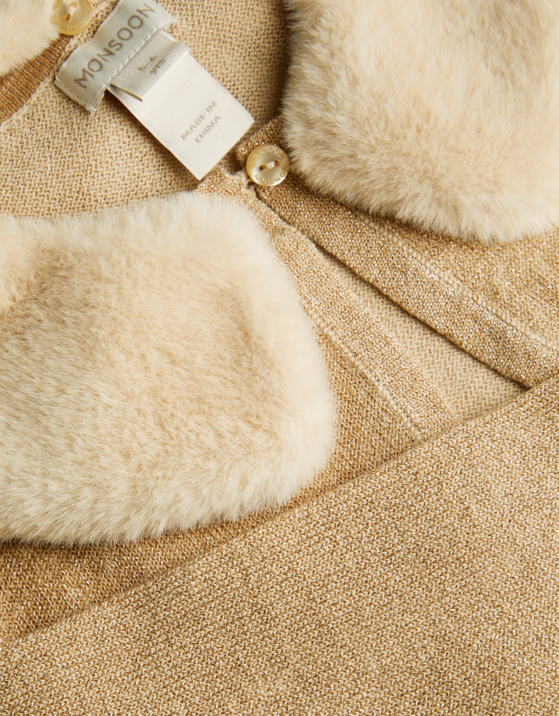 Super-Soft Faux Fur Collar Cardigan Gold | Girls' Cardigans | Monsoon UK.