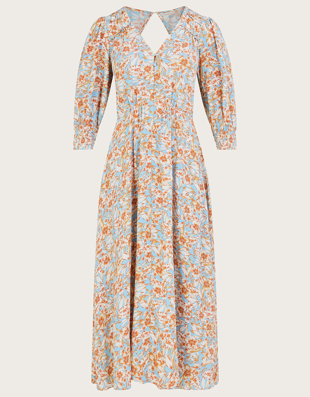 Keava Floral Print Tea Dress in Sustainable Viscose Blue | Day Dresses ...