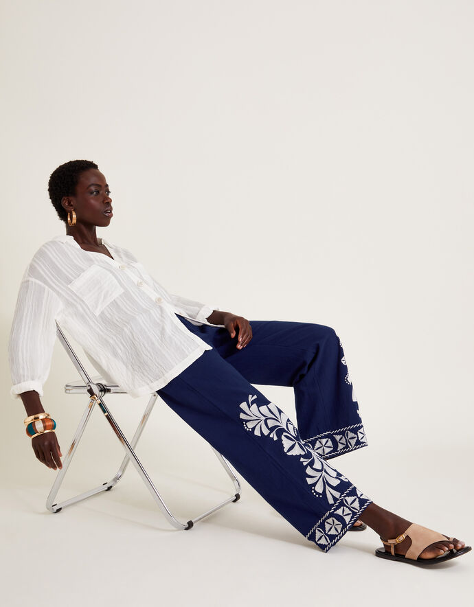 Ola Embroidered Wide Leg Trousers Blue | Trousers & Leggings | Monsoon UK.
