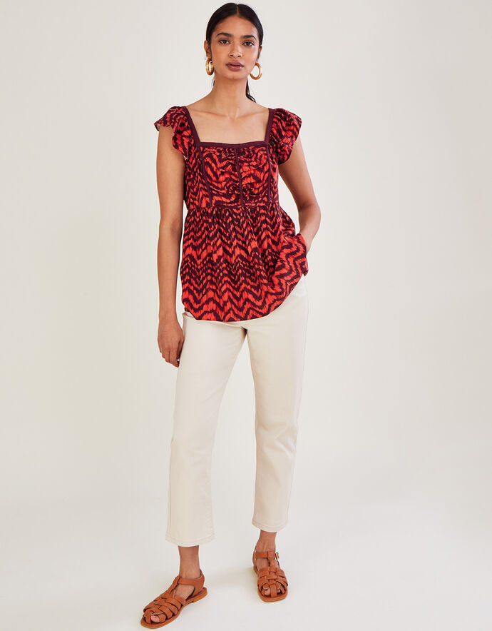 Ruched Bodice Zig-Zag Animal Print Top Red