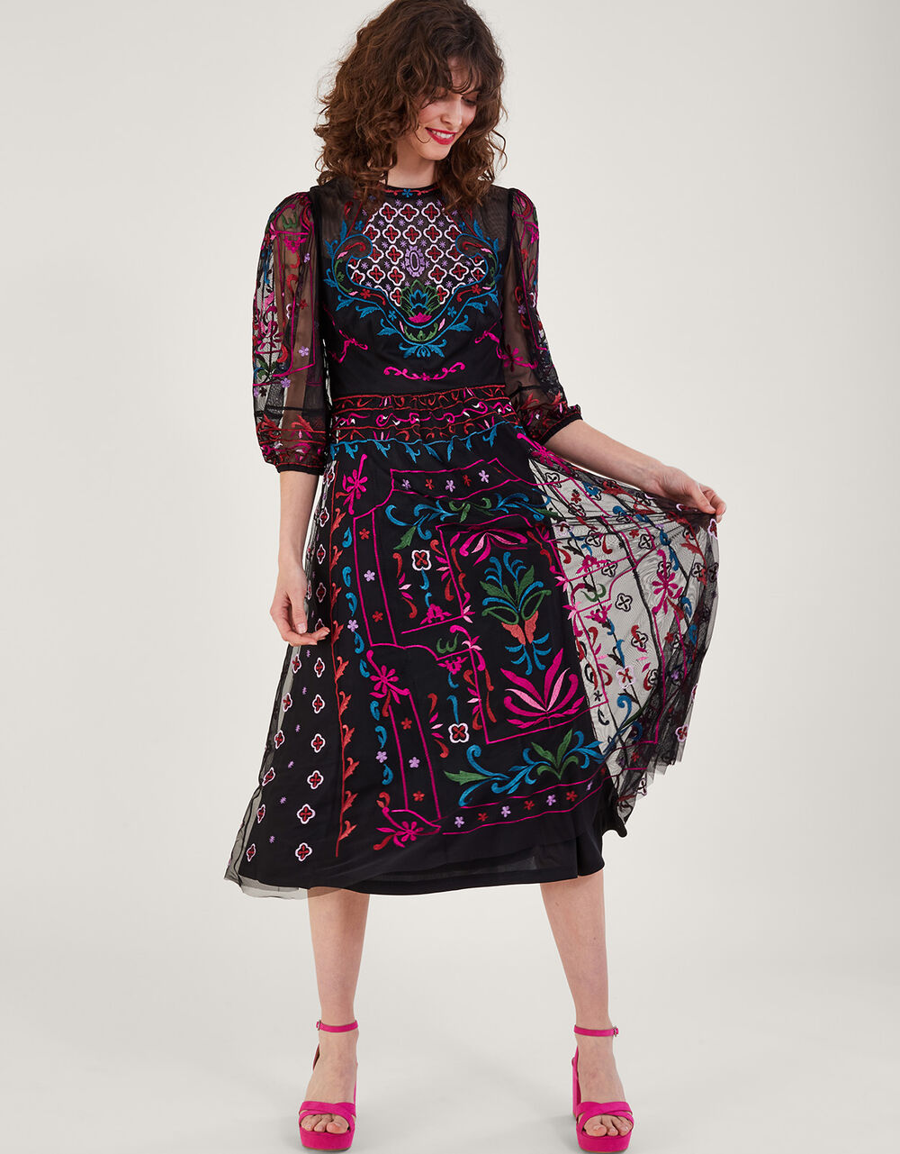 Maddie Embroidered Tea Dress Black | Evening Dresses | Monsoon UK.
