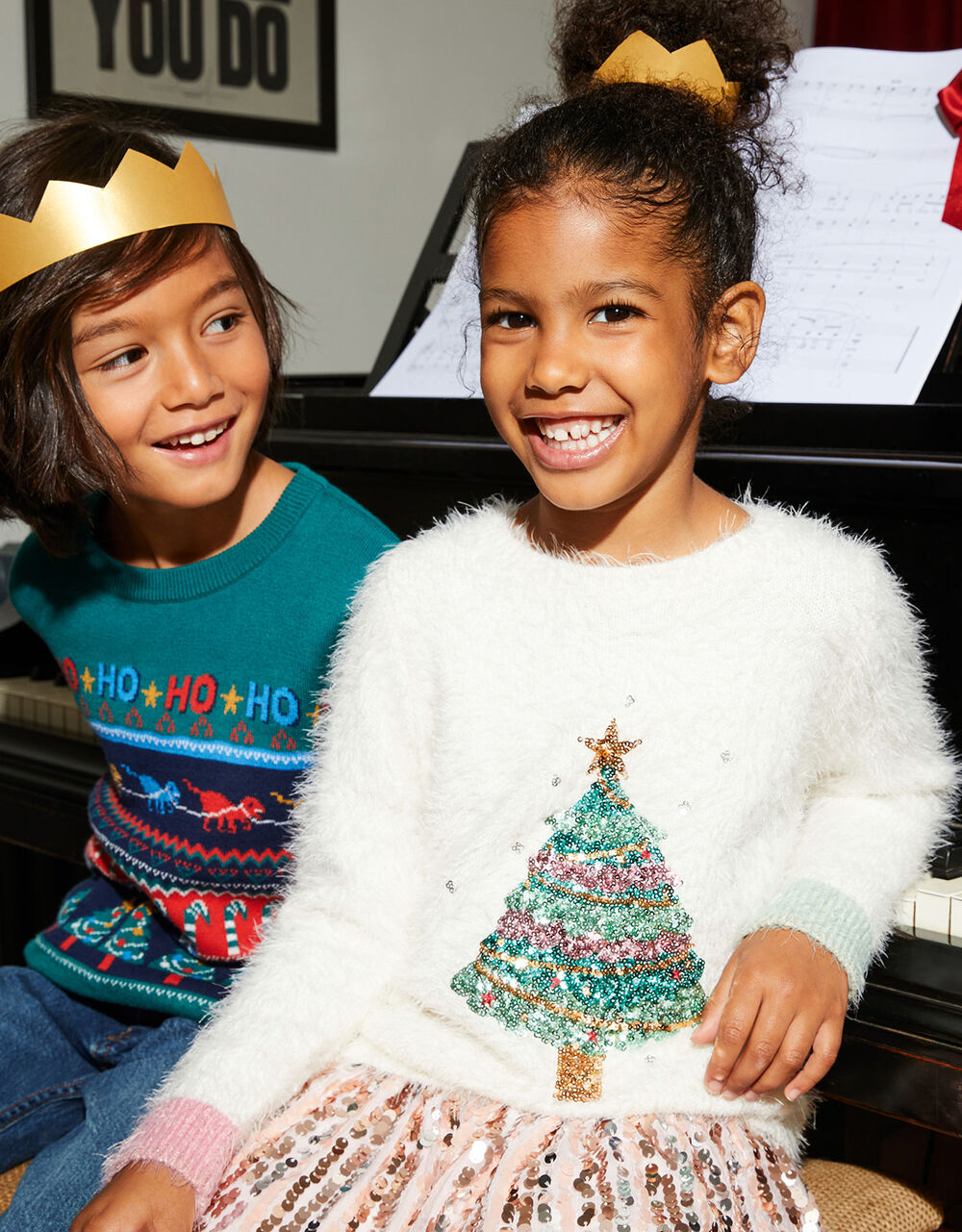 Fluffy Sequin Christmas Tree Jumper Ivory | Girls' Tops & T-shirts ...